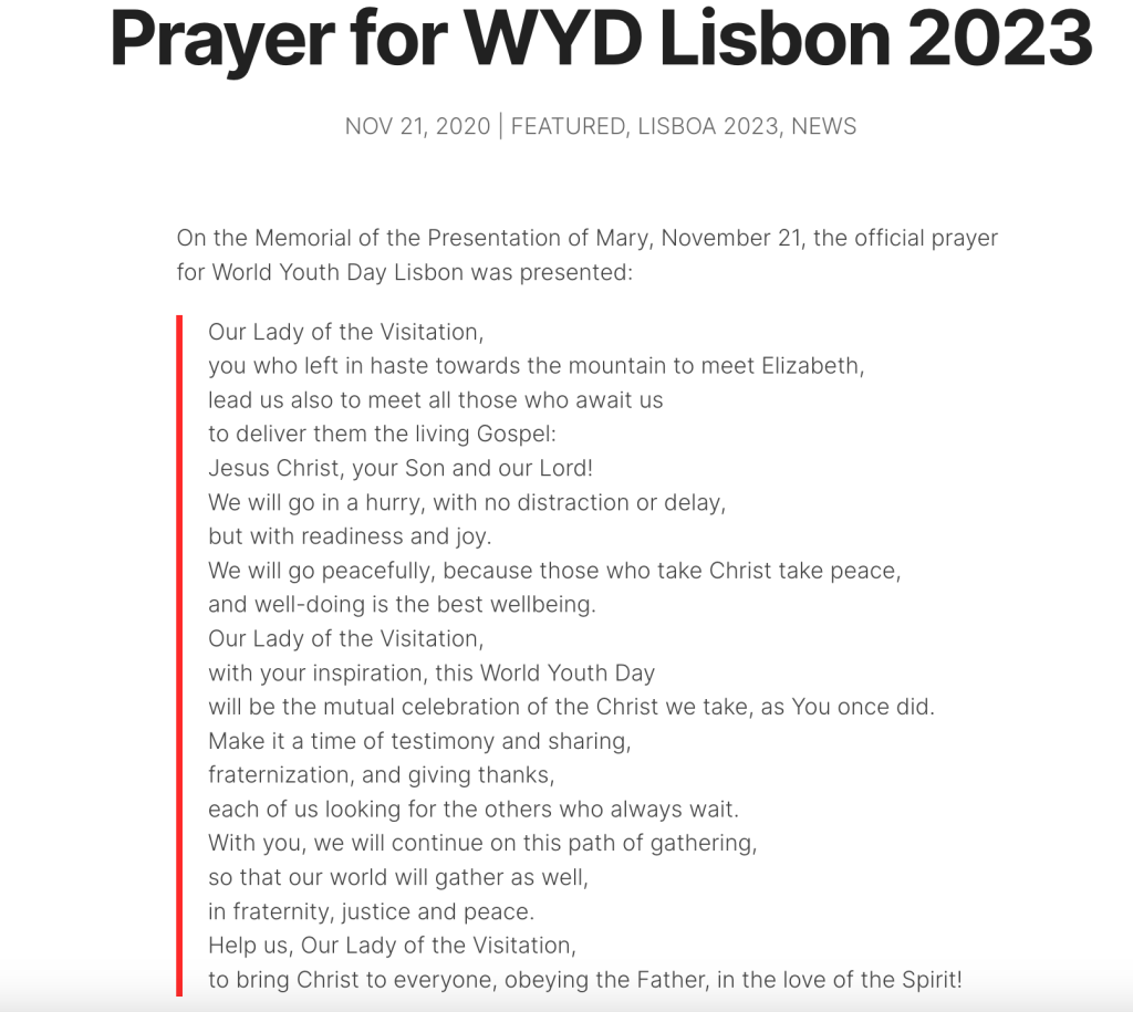 Prayer for WYD Lisbon 2023 - The Catholic Women's League of Canada